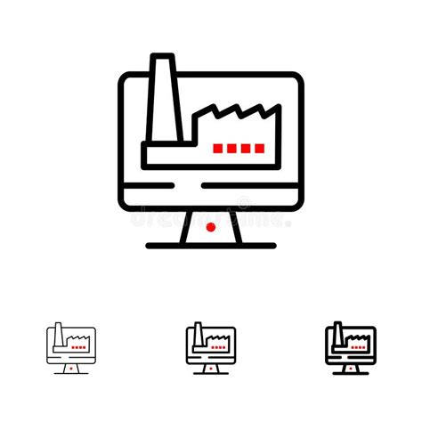 Computer Building Monitor Factory Bold And Thin Black Line Icon Set
