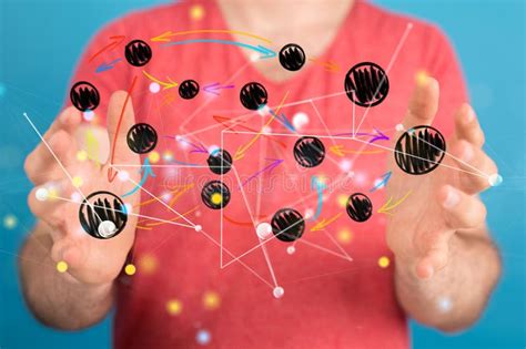 Man Navigating A Hologram With Black Icons Stock Image Image Of Digital Network 284536195