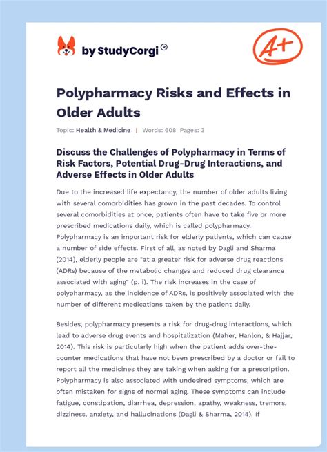 Polypharmacy Risks And Effects In Older Adults Free Essay Example