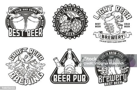 맥주 캡 캔 홉 해골 및 병이 있는 맥주 세트 디자인 양조장 또는 바용 두개골 맥주 잔 보리 뼈 손 및 병 술집과 상점을 위한