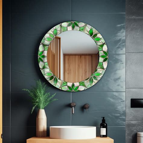 Green Tempered Glass Round Wall Mirror Modern Bathroom Decor For Over