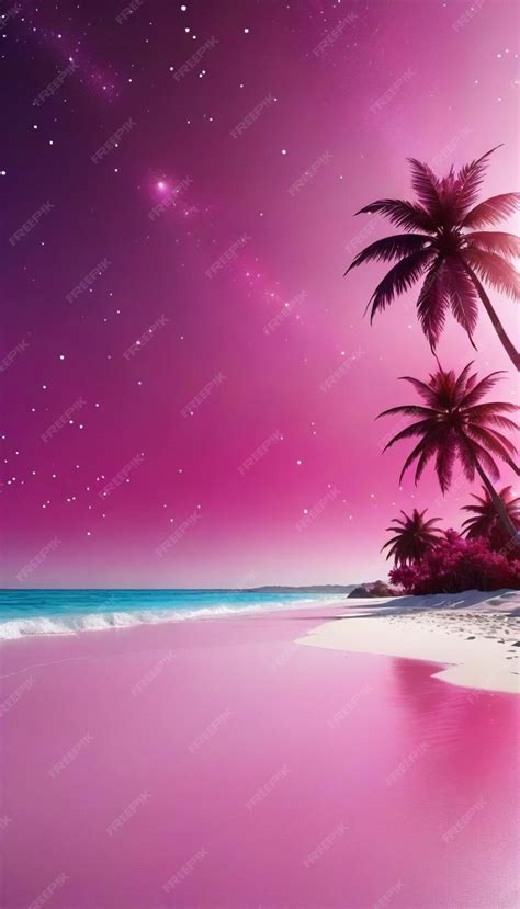 Palm Trees On A Beach With A Pink Background With A Pink Sky And The