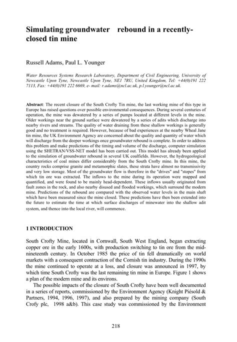 Pdf Simulating Groundwater Rebound In A Recently Closed Tin Mine