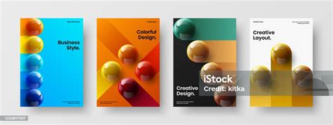 클린 프론트 페이지 디자인 벡터 컨셉 번들 여러 가지 색의 3d 구 브로셔 일러스트레이션 세트 A4 용지에 대한 스톡 벡터 아트