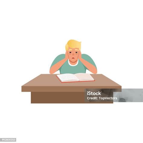 피곤된 젊은 남자는 책상에 앉아 책을 읽고는 흰색 바탕에 시험 벡터 일러스트 레이 션 하기 전에 열심히 공부 하는 학생 개념에 대한 스톡 벡터 아트 및 기타 이미지 Istock