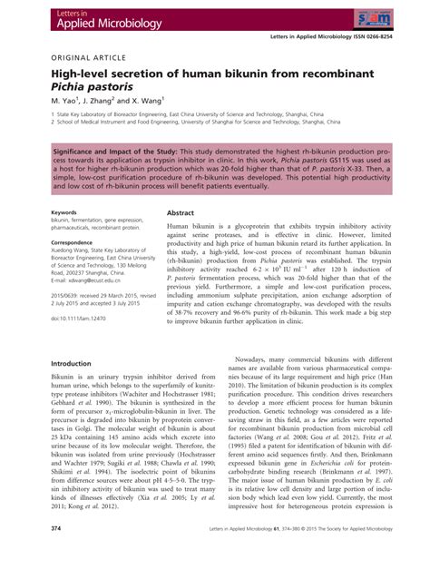 Pdf High‐level Secretion Of Human Bikunin From Recombinant Pichia