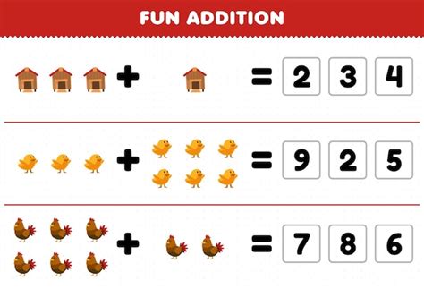 귀여운 만화 닭장 병아리 닭 암탉 인쇄용 농장 워크시트의 정확한 수를 추측하여 어린이를 위한 교육 게임 재미 추가 프리미엄 벡터