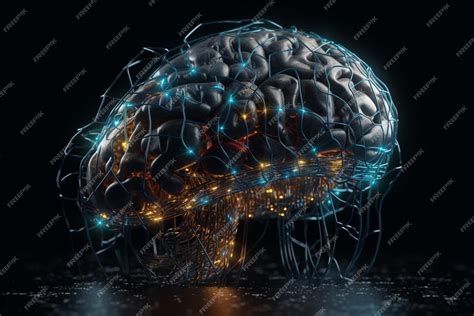 Premium Photo 3d Model Of The Human Brain On Dark Background Surrounded By Neural Networks 3d