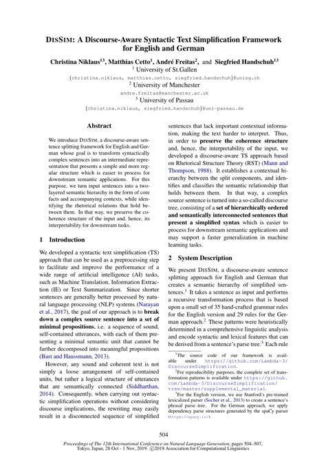 Pdf Dissim A Discourse Aware Syntactic Text Simplification Framework For English And German