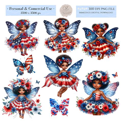 African American Patriotic Watercolor Fairy Clipart July 4th Fairies