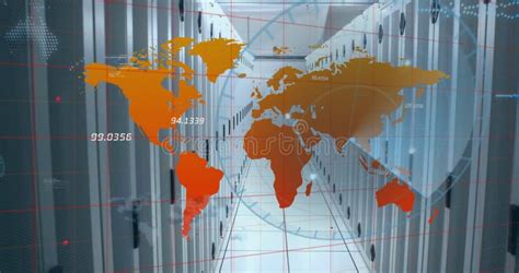Image Of Data Processing Over World Map Against Computer Server Room