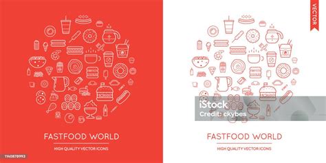 패스트 푸드의 벡터 집합 둥근 모양에 새겨진 현대 평면 얇은 아이콘 0명에 대한 스톡 벡터 아트 및 기타 이미지 0명 감자 요리 개념 Istock