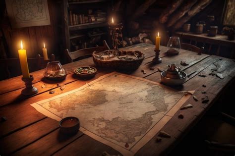 Premium Ai Image Treasure Map And Pirate Objects On Wooden Table Ai