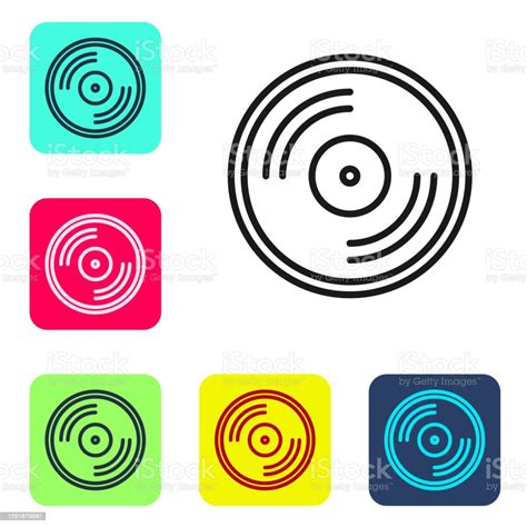 흰색 배경에 격리 된 검은 줄 비닐 디스크 아이콘 색상 정사각형 단추로 아이콘을 설정합니다 벡터 일러스트레이션 Dj에 대한 스톡 벡터 아트 및 기타 이미지 Istock