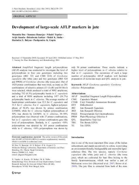 Pdf Development Of Large Scale Aflp Markers In Jute Moumita Das