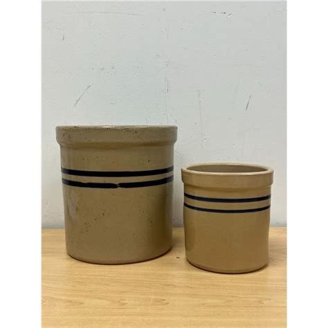 2 Vintage Stoneware Crock Pots Planters With Blue Stripes Larger 7