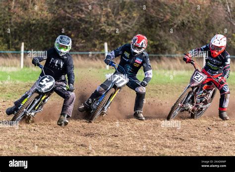 Gt140 Solo Class Riders Racing In Grasstrack Motorcycle Race Donut