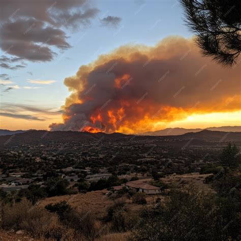 A Large Plume Of Smoke Rises From A Wildfire Burning In The Hills Casting An Orange Glow Over