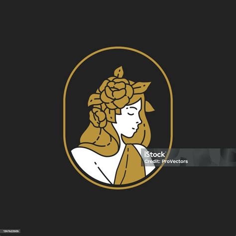 로맨틱 한 그리스 여자 장미 꽃 화환 초상화 에 골든 서클 프레임 라인 아트 벡터 일러스트 아프로디테 그리스 여신에 대한 스톡 벡터 아트 및 기타 이미지 아프로디테