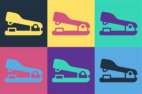 컬러 배경에 격리 된 팝 아트 오피스 스테이플러 아이콘 스테이플러 스테이플 종이 골판지 사무 장비 벡터 강철에 대한 스톡 벡터