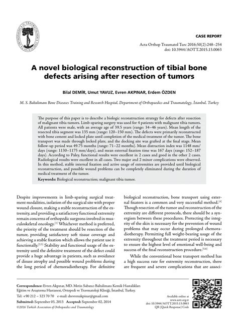 Pdf A Novel Biological Reconstruction Of Tibial Bone Defects Arising