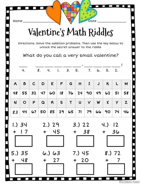 Valentines Day Math Riddle Worksheets Two Digit Addition Mixed