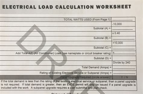 electrical load calculation worksheet