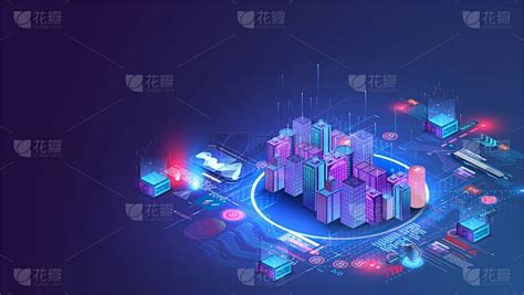 智慧城市或智能建筑的等角矢量概念。楼宇自动化与计算机联网图解。数据中心区块链技术。智慧城市与通信网络素材 花瓣网