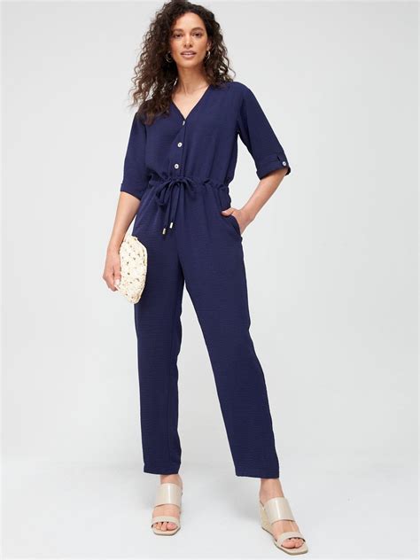 Sale 61 Fig And Basil Short Sleeve Linen Mix Tie Waist Jumpsuit Navy