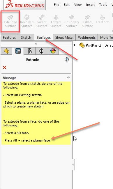 How To Use Solidworks Surface Extrude Without Pre Drawing A Sketch