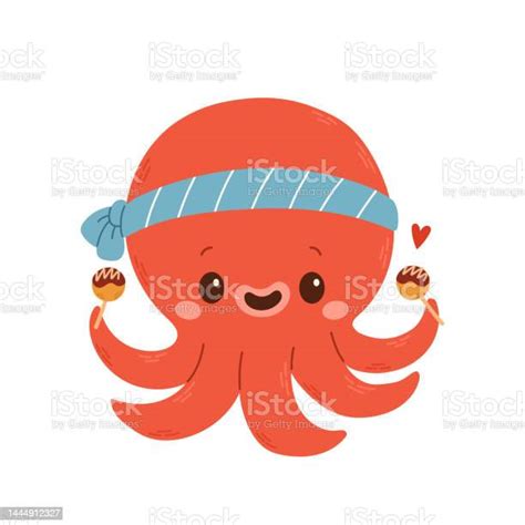 귀여운 문어 만화 캐릭터 타코야키 로고와 마스코트 그림 벡터 그림 귀여운에 대한 스톡 벡터 아트 및 기타 이미지 귀여운