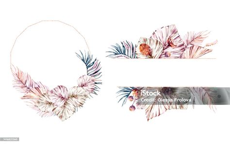 수채화 여름 초대장 손으로 그린 열대 말린 야자 잎 보라색 잎의 가지가있는 프레임 로맨틱 한 꽃다발은 결혼식 인사말 카드 초대장 등에 적합합니다 0명에 대한 스톡 벡터 아트