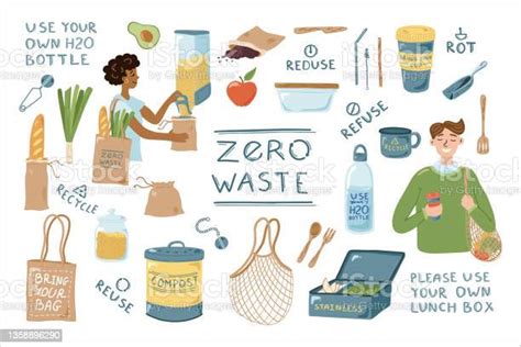 손으로 그린 제로 폐기물 요소 세트 에코 라이프스타일 일러스트 컬렉션 재사용 및 재활용 비 플라스틱 제품 재활용에 대한 스톡 벡터 아트 및 기타 이미지 Istock