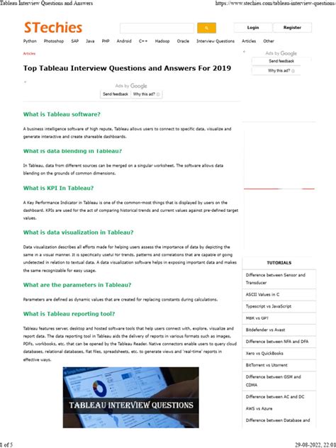 Tableau Interview Questions And Answers Pdf Databases Data