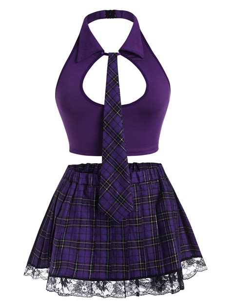 Plus Size Plaid Lace Hem School Girl Costume Set Dealley