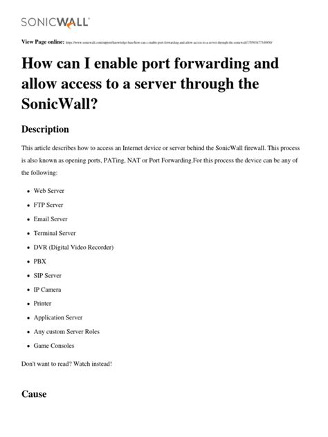How Can I Enable Port Forwarding And Allow Access To A Server Through The Sonicwall Pdf Port