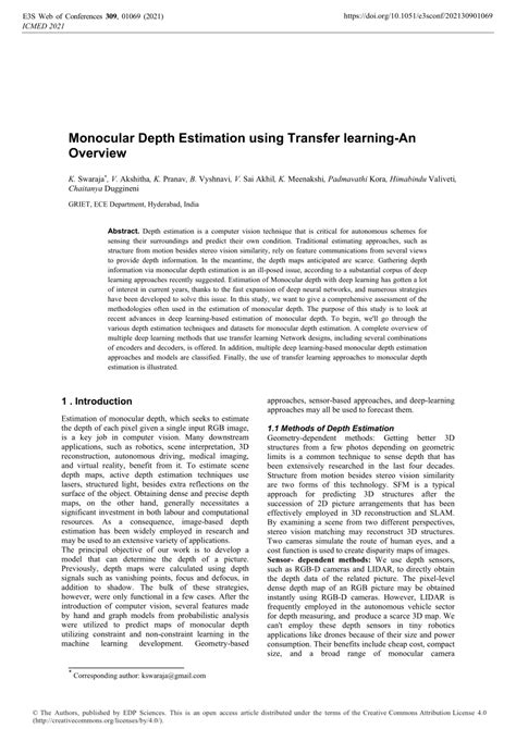 PDF Monocular Depth Estimation Using Transfer Learning An Overview