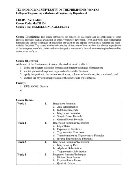 Manual Engineering Calculus 2 Course Syllabus Pdf Integral