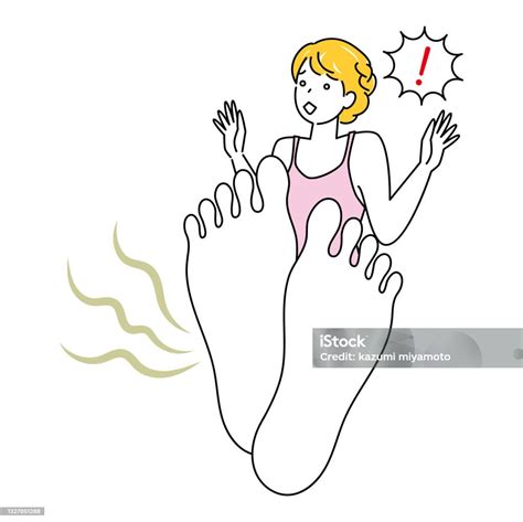 놀랍고 슬픈 피부 관리 귀여운 여성은 그녀의 발이 일러스트 벡터 스킨 케어를 냄새 예쁜 여자는 자신의 발 냄새에 놀랐고 슬퍼했습니다 다리를 꼬고 앉습니다 그림 벡터