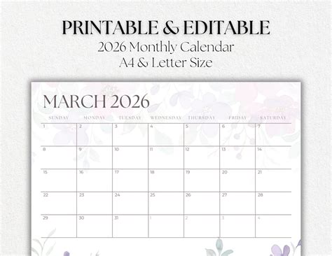 Editable Monthly Calendar 2026 Free