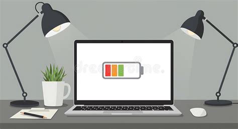 Laptop Displaying Battery Indicator On Desk With Lamps And Plant Stock
