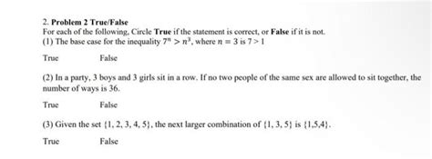 solved 2 problem 2 true false for each of the following
