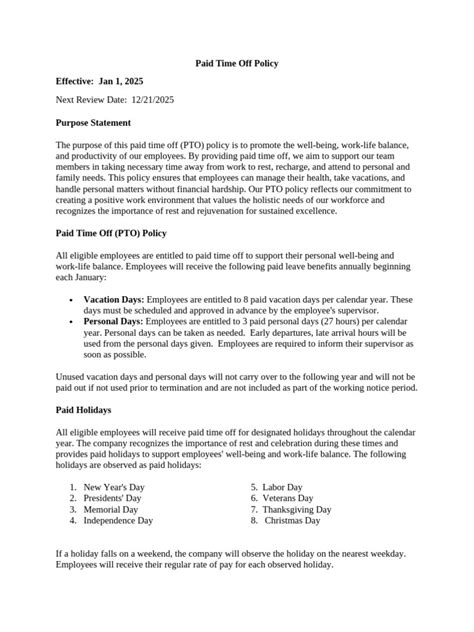 Comprehensive Paid Time Off Policy Pdf