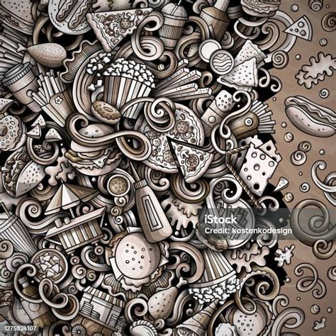 패스트 푸드 손으로 그린 벡터 낙서 일러스트 패스트 푸드 프레임 그래피티에 대한 스톡 벡터 아트 및 기타 이미지 그래피티 길거리 음식 굽기 Istock