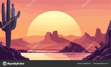 荒漠景观抽象艺术背景 得克萨斯州西部山区和仙人掌 用红天和太阳描绘西部荒原的矢量图 标志模板的设计元素图库矢量图作者：© Lanabrow 660043018
