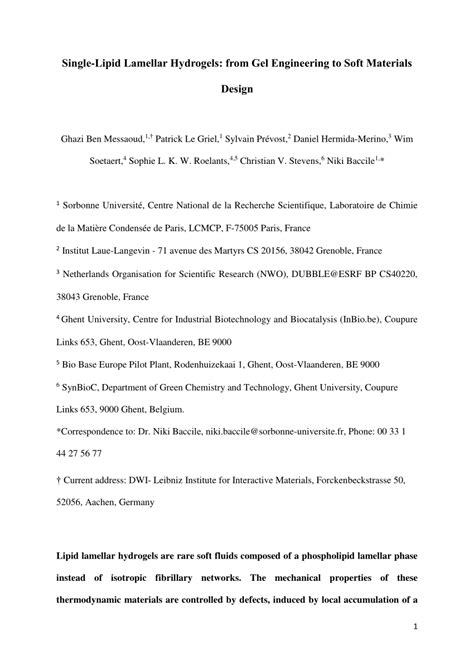 Pdf Single Lipid Lamellar Hydrogels From Gel Engineering To Soft Materials Design