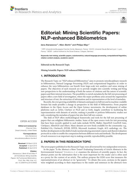 Pdf Editorial Mining Scientific Papers Nlp Enhanced Bibliometrics