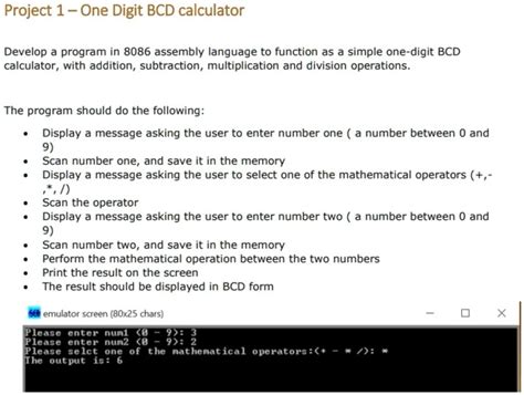 solved project 1 one digit bcd calculator develop a program in 8086