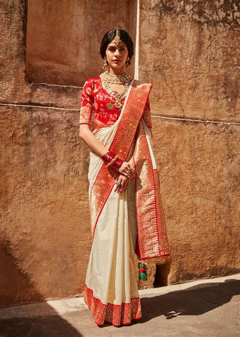 Handloom Banarasi Silk Red And White Saree Sunasa