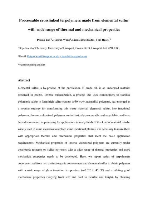 Pdf Processable Crosslinked Terpolymers Made From Elemental Sulfur